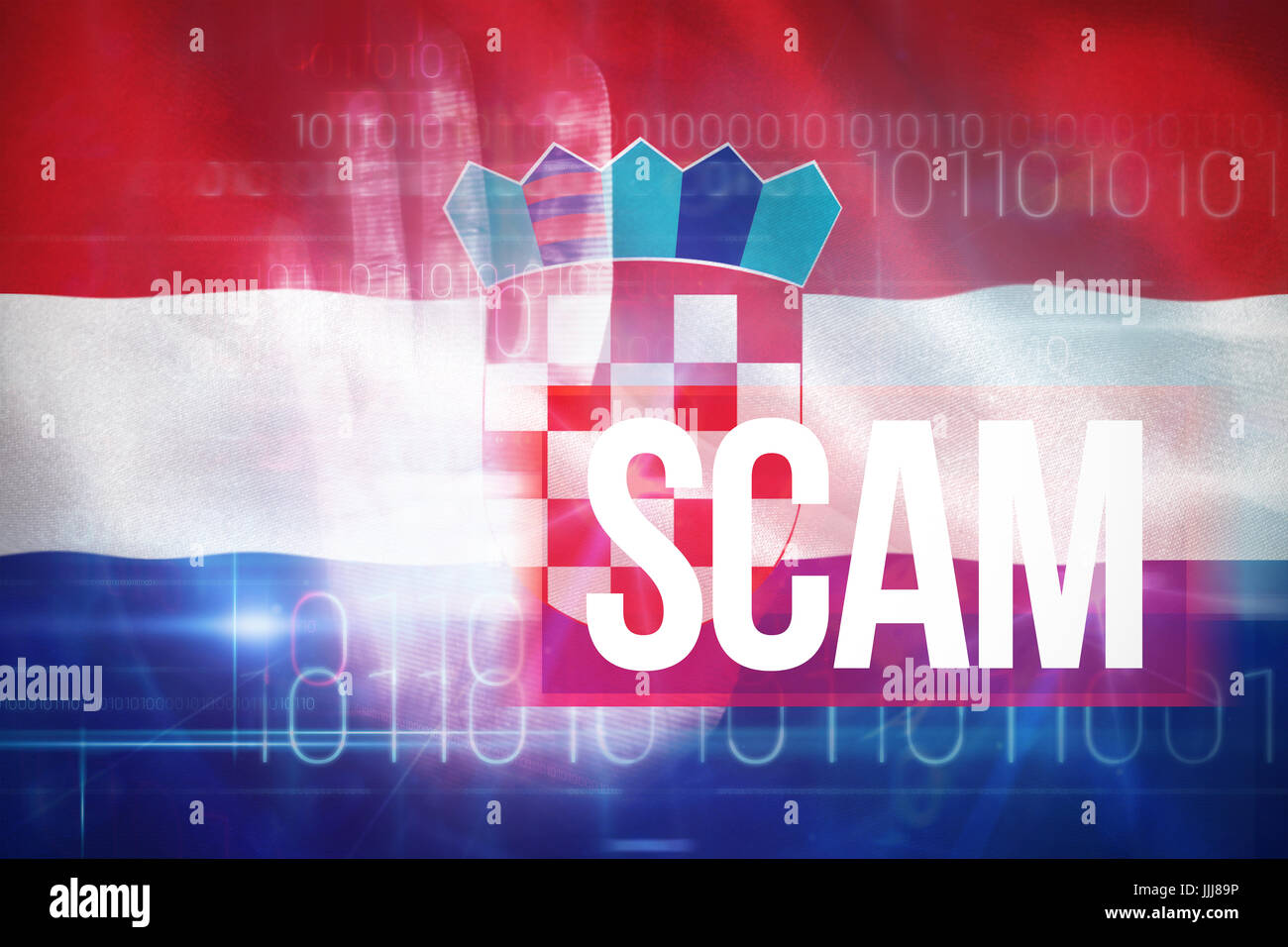 Composite 3d image of scam against blue technology design with binary ...