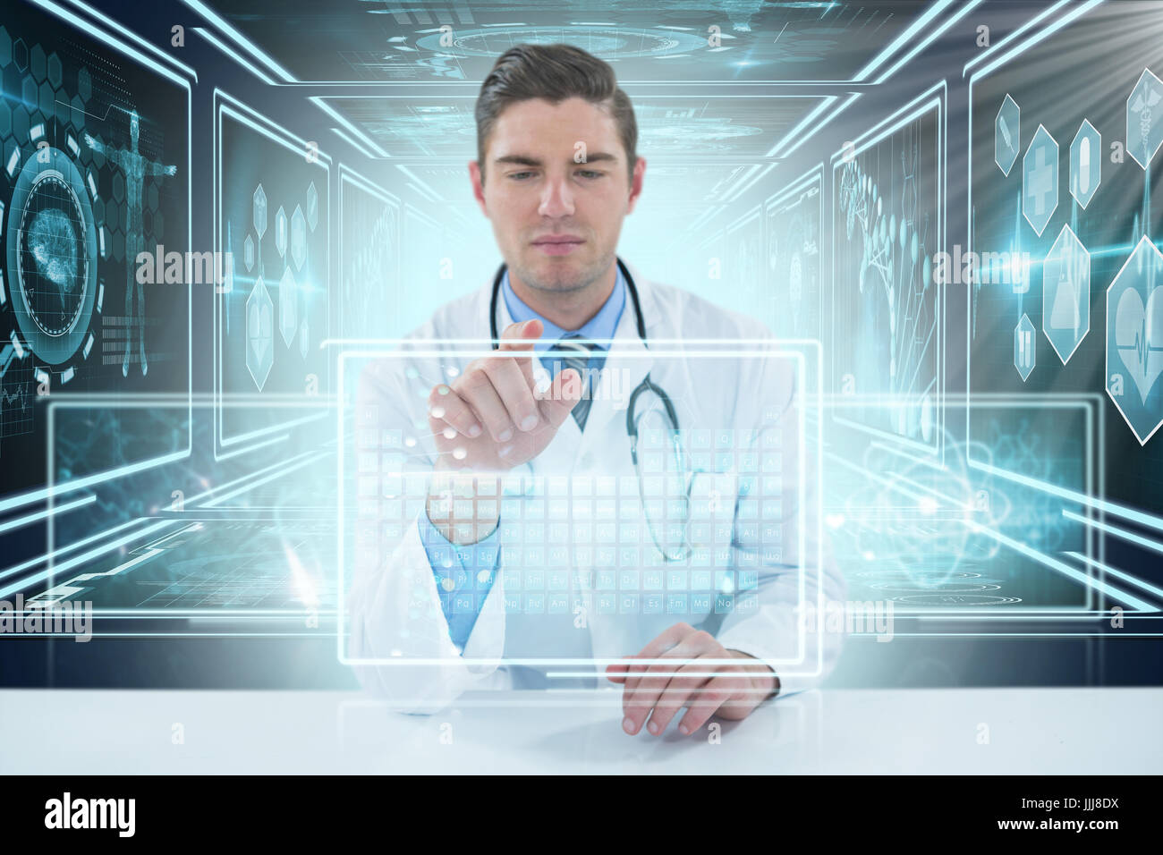Composite 3d image of doctor using digital tablet against white ...