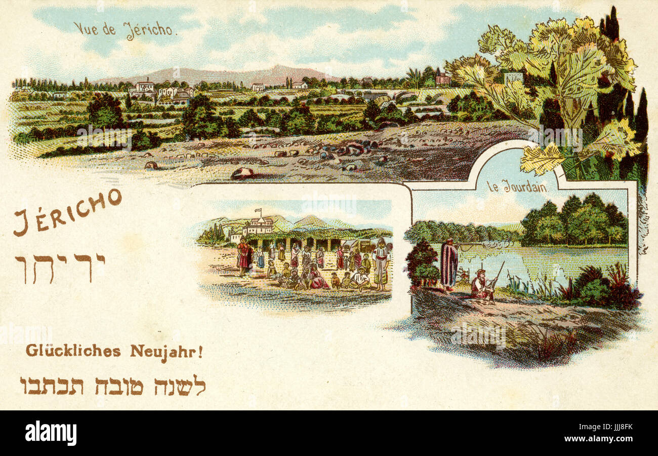 Jericho, with views of the River Jordan, new year's greetings postcard ...