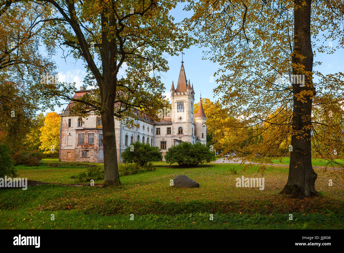Old fairy-tale palace in Stameriena, Latvia. Fall time, bright colors ...