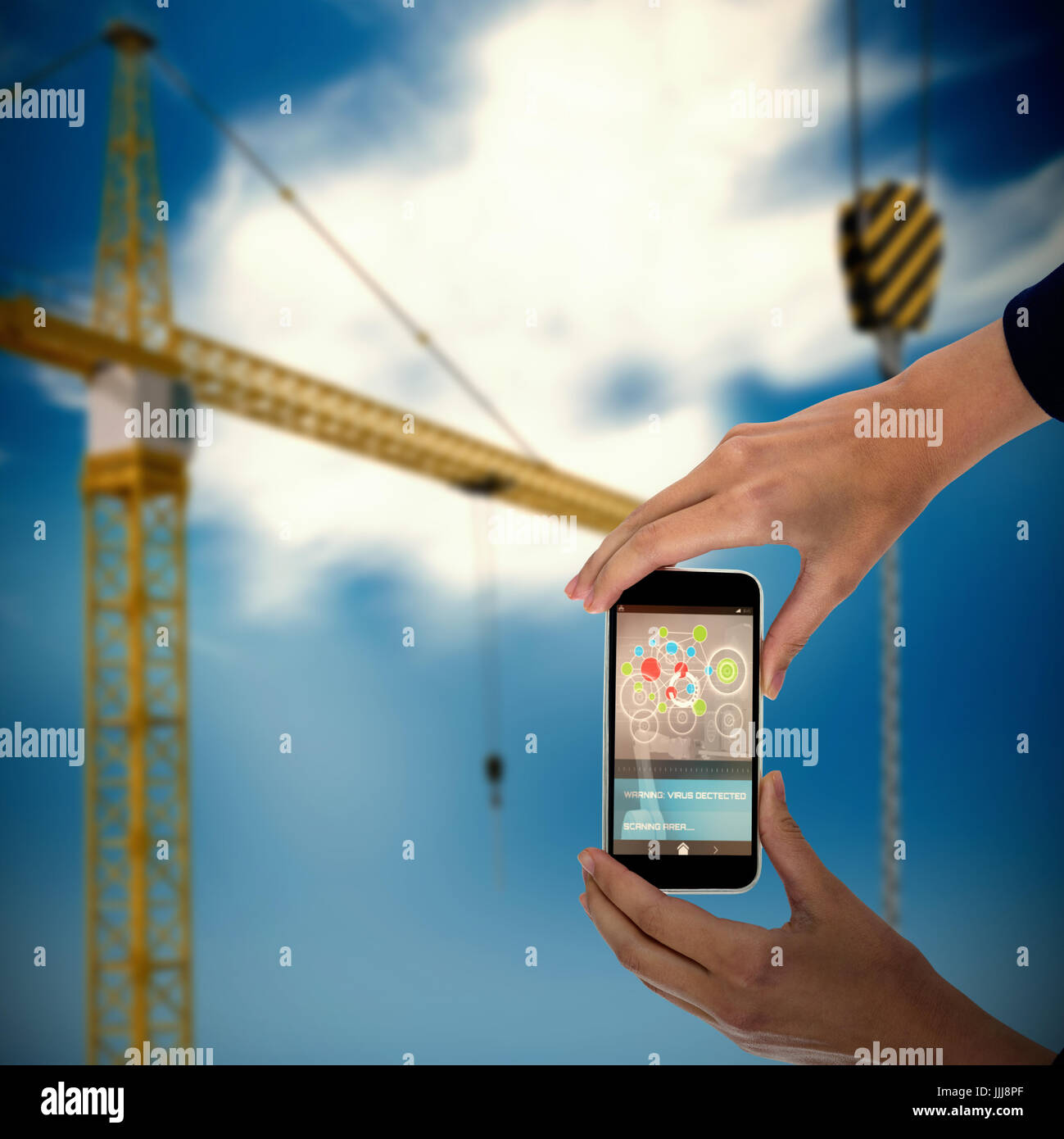 Composite 3d image of cropped hands of businesswoman holding mobile ...