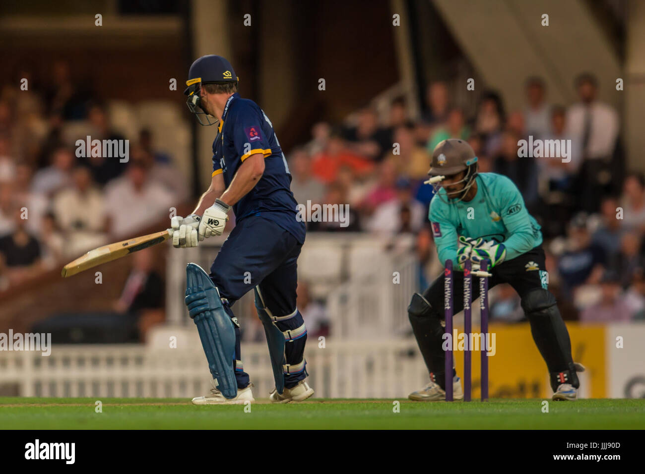 London, UK. 19 July, 2017. Tom Westley is stumped by Kumar Sangakkara ...