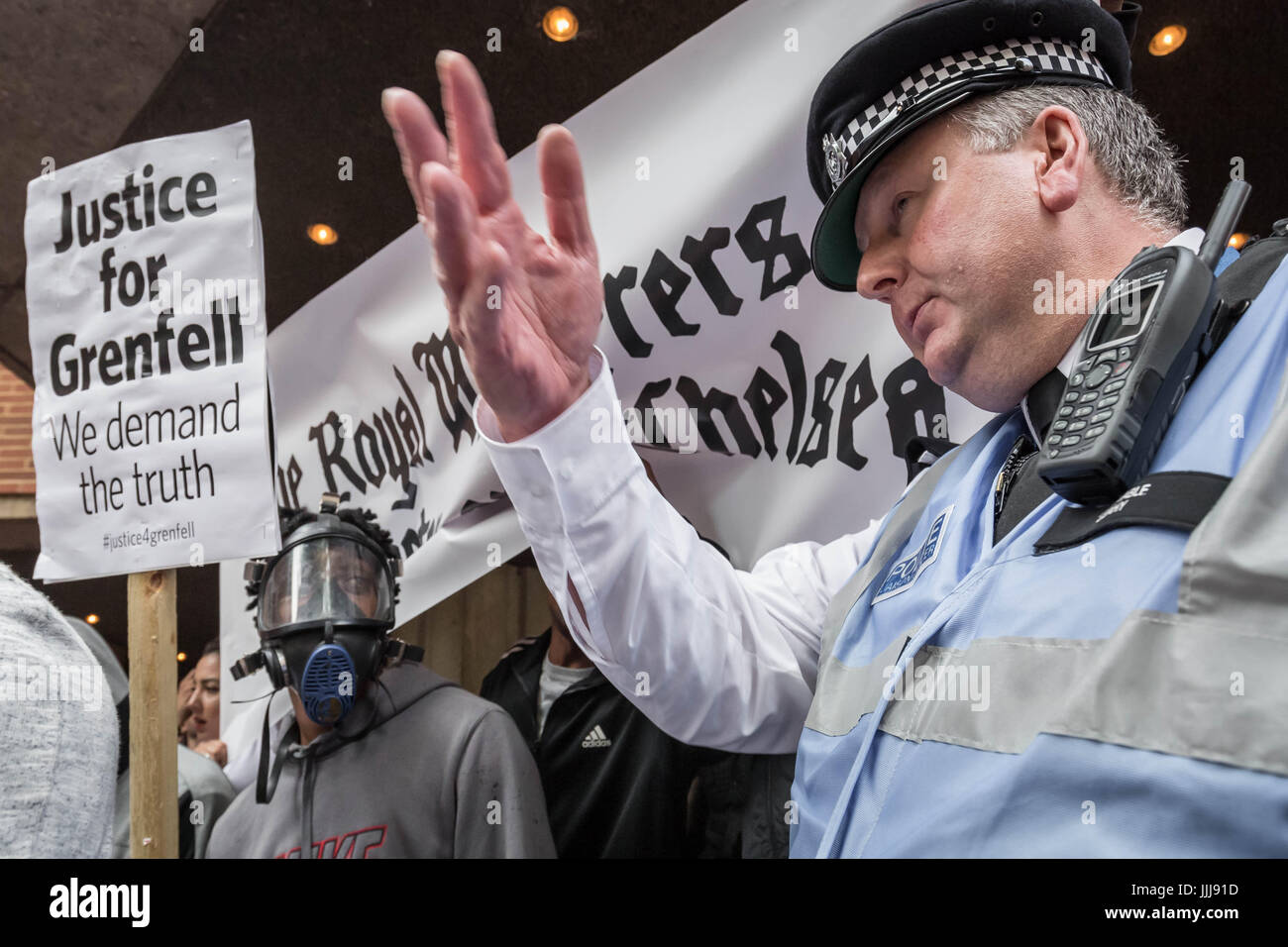 London, UK. 19th July, 2017. Grenfell Tower protest. Hundreds of angry ...