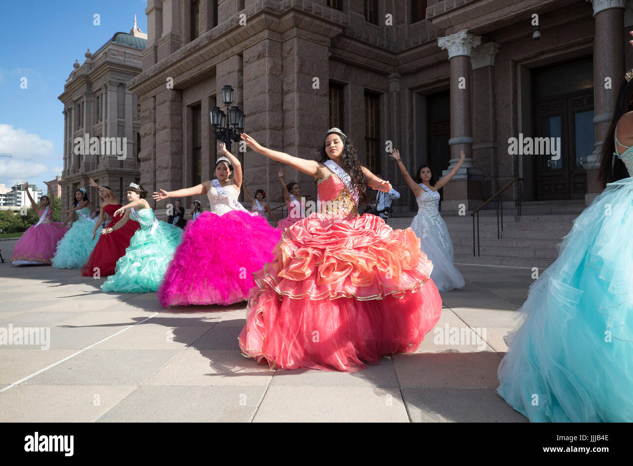 Teen girls wearing Mexican-style quinceanera dresses at the Texas ...