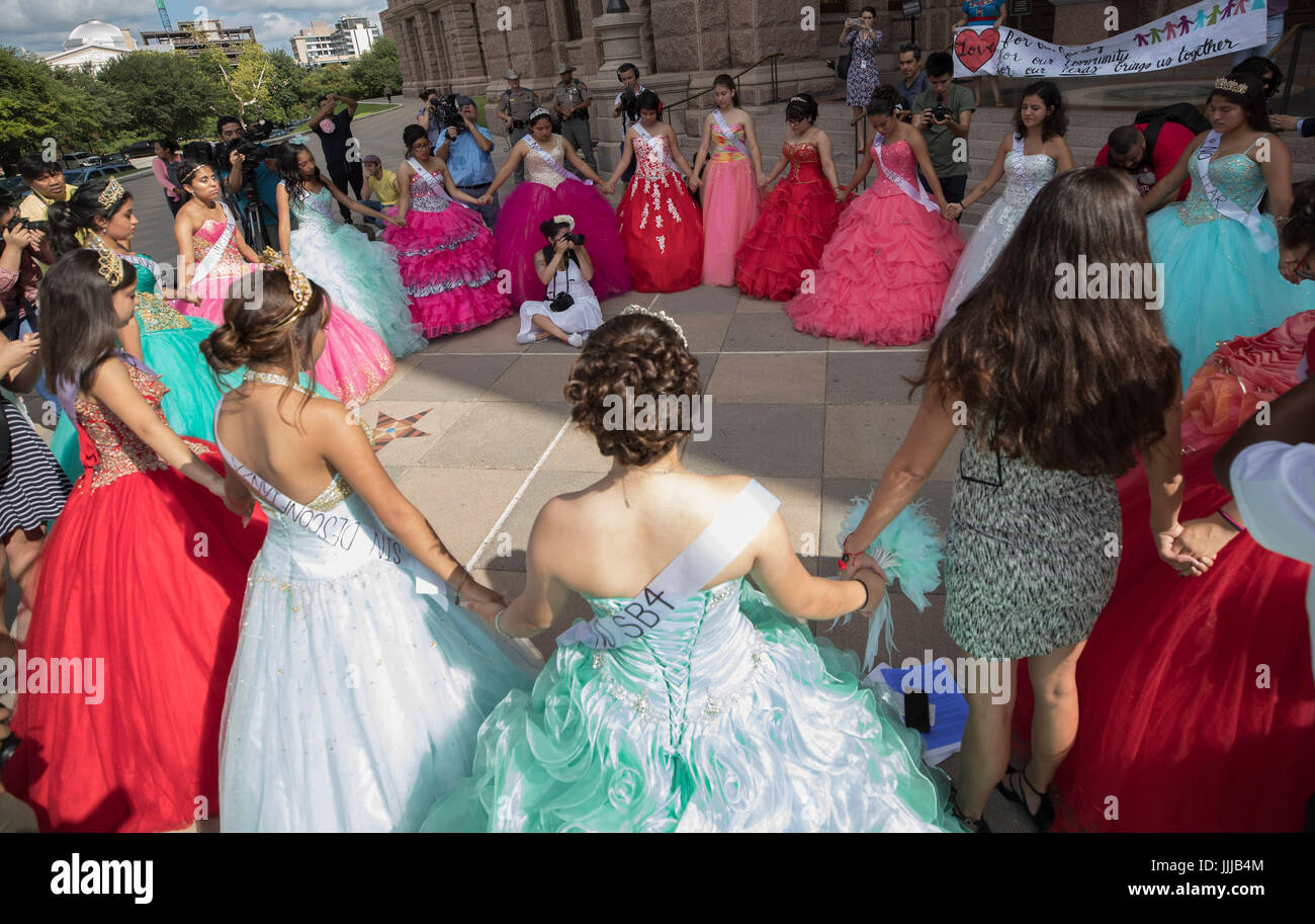 Teen girls wearing Mexican-style quinceanera dresses at the Texas ...