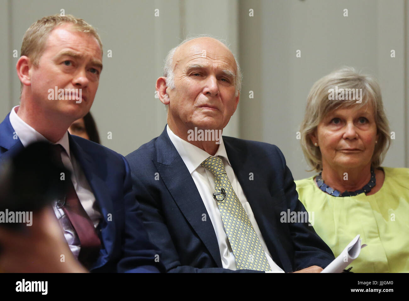 London, UK. 20th Jul, 2017. Outgoing leader Tim Farron, Sir Vince Cable ...
