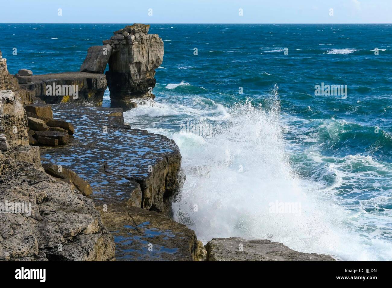 Portland Bill, Dorset, UK. 20th June, 2017. UK Weather. Waves splash up ...