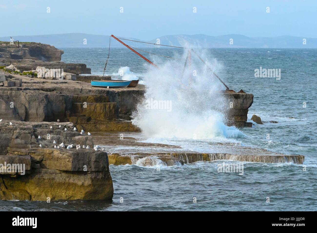 Portland Bill, Dorset, UK. 20th June, 2017. UK Weather. Waves splash up ...