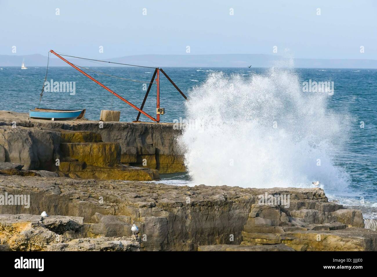 Portland Bill, Dorset, UK. 20th June, 2017. UK Weather. Waves splash up ...