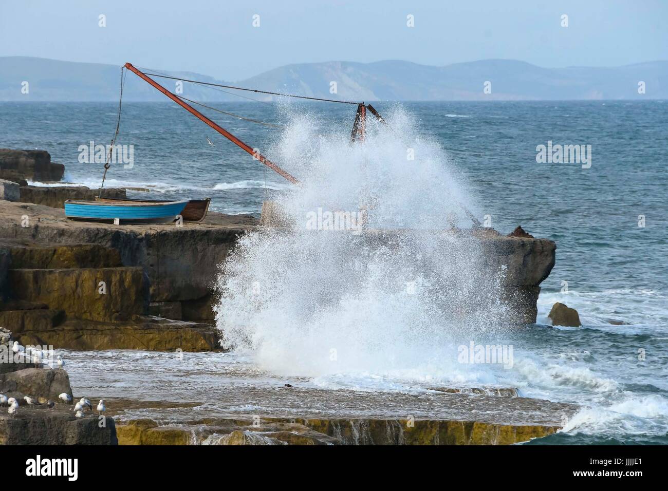 Portland Bill, Dorset, UK. 20th June, 2017. UK Weather. Waves splash up ...