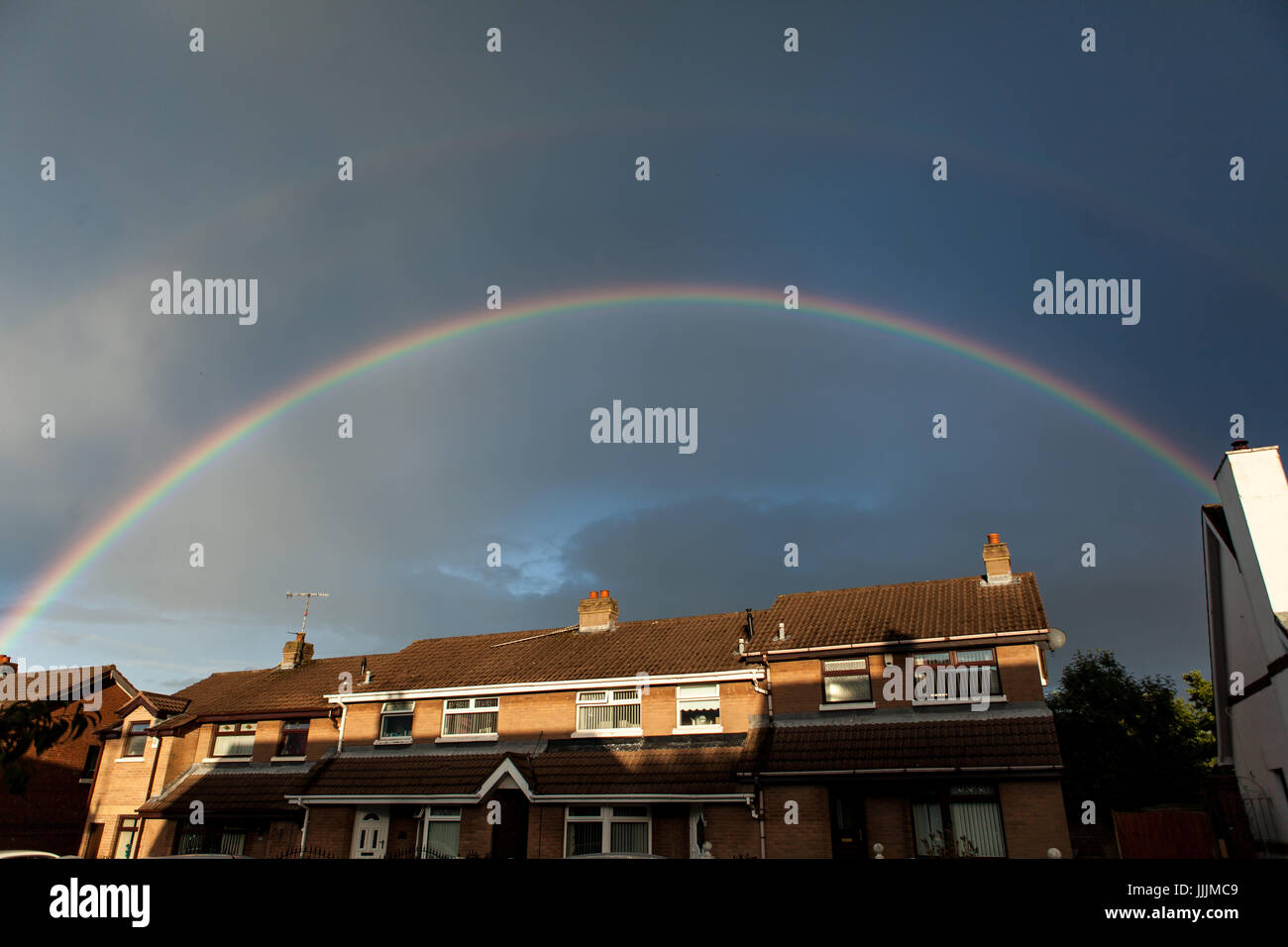 Belfast, Northern Ireland, UK. 20th July, 2017. UK Weather: Rainbow in ...