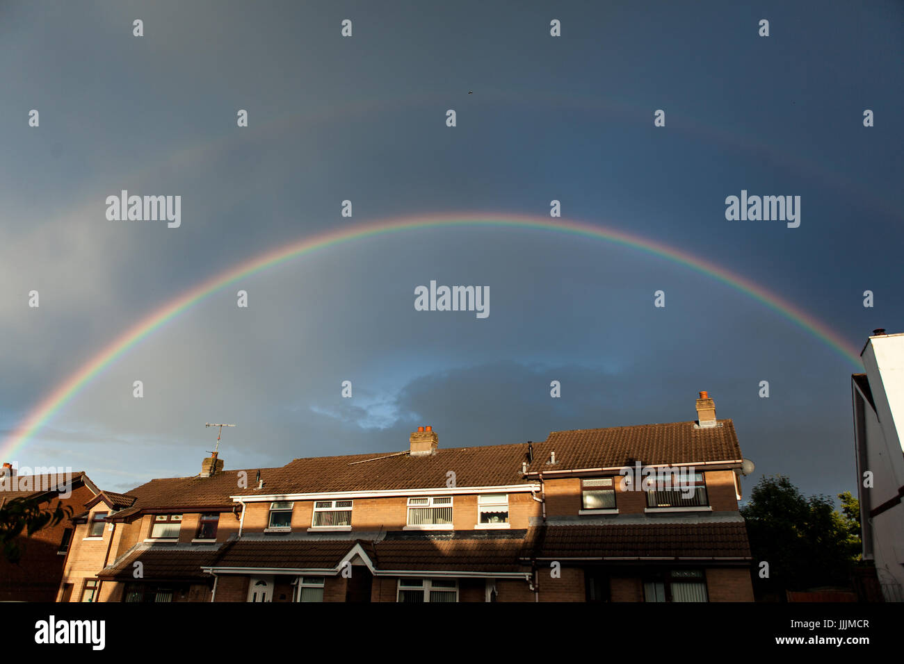Belfast, Northern Ireland, UK. 20th July, 2017. UK Weather: Rainbow in ...