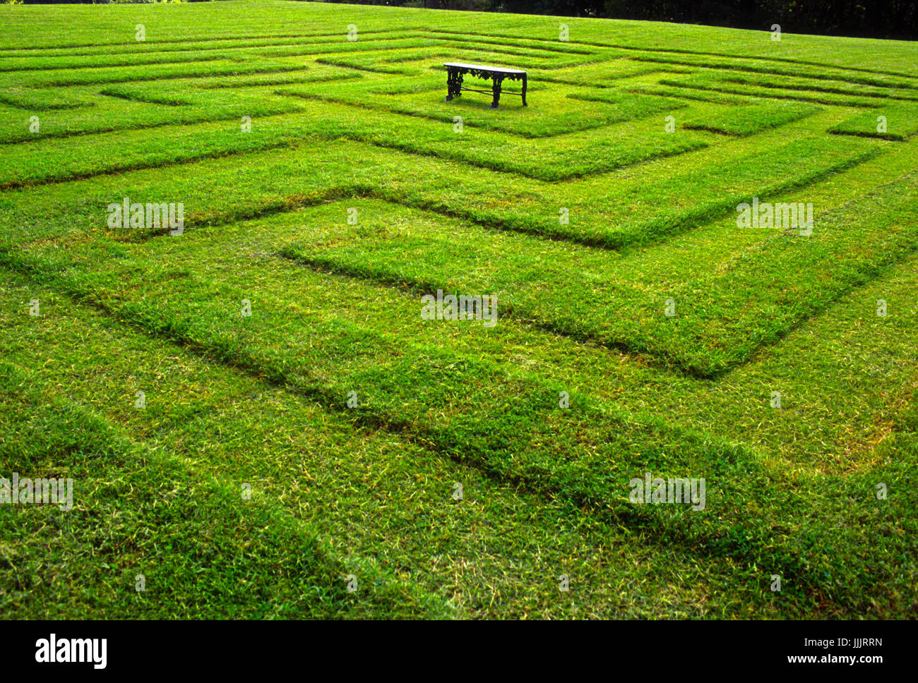 Sculpted green grass maze, table/bench in center Stock Photo - Alamy