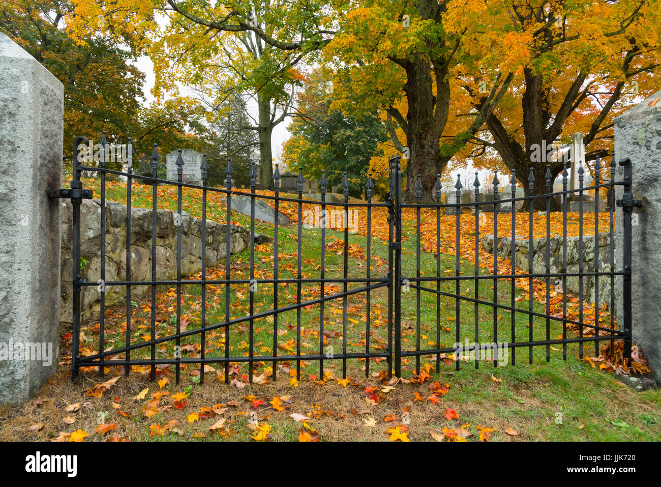 Iron gate and fallen maple leaves at the entrance of an old New England ...