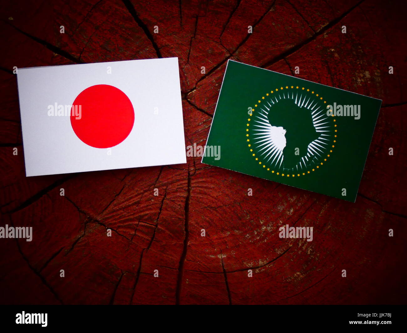 Japanese flag with African Union flag on a tree stump isolated Stock ...
