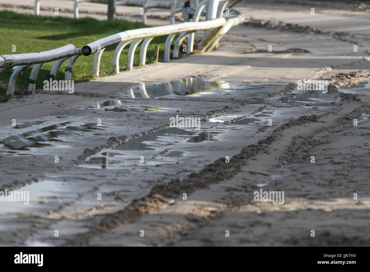 Waterlogged greyhound track requiring work after heavy rain Stock Photo ...