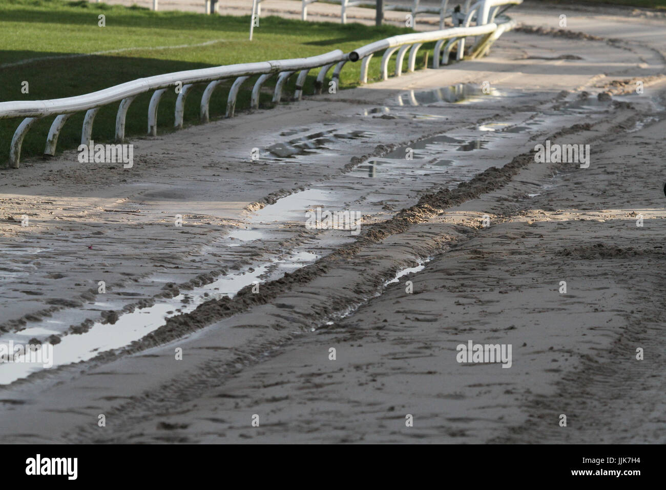 Waterlogged greyhound track requiring work after heavy rain Stock Photo ...