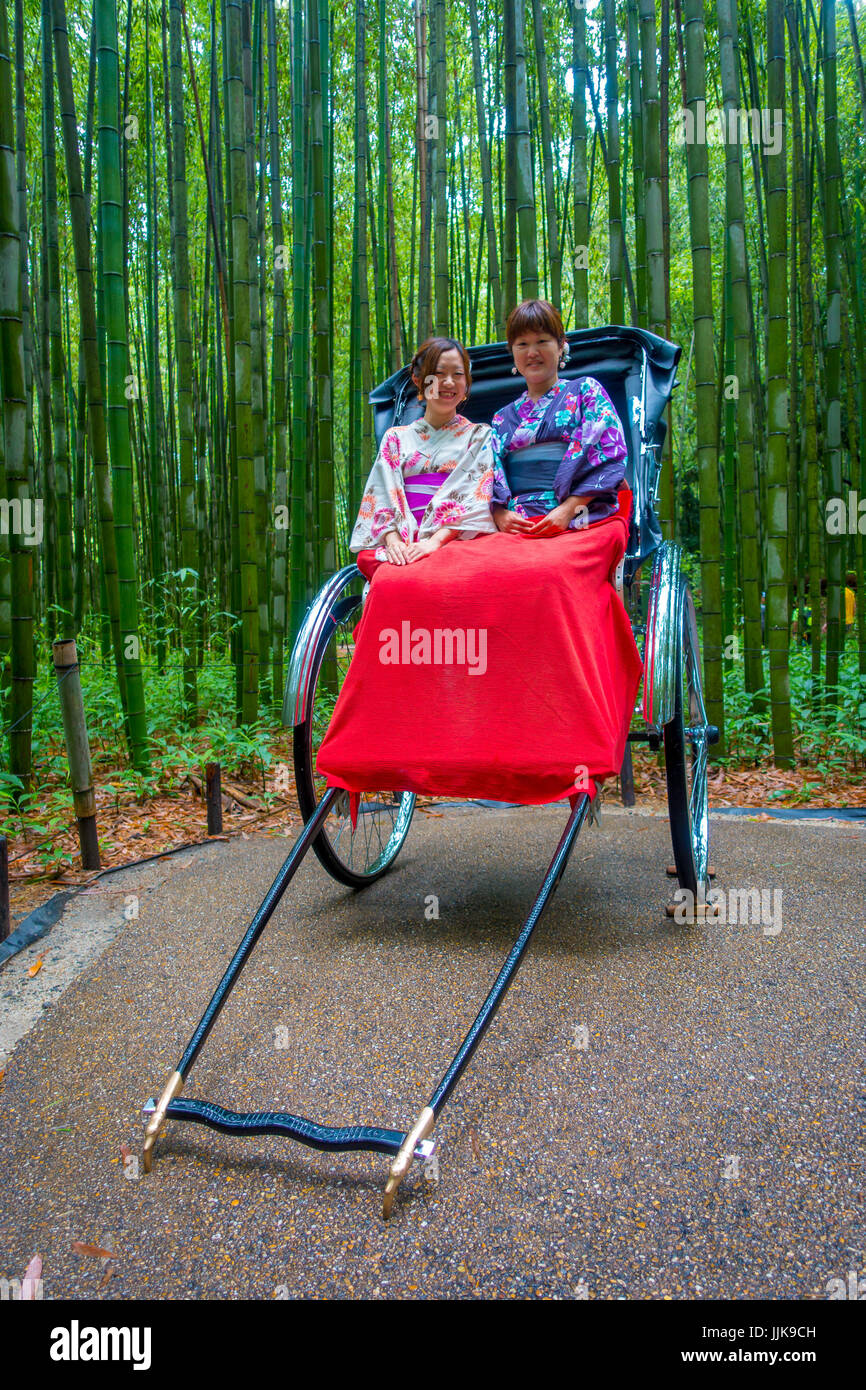 KYOTO, JAPAN - JULY 05, 2017: Unidentified people over a red rickshaw ...