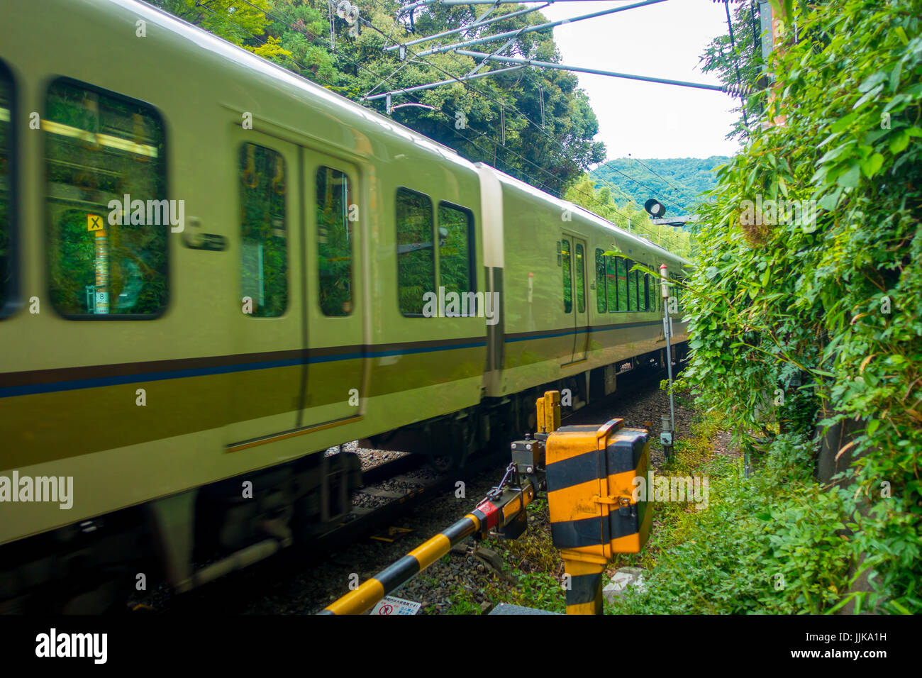 KYOTO, JAPAN - JULY 05, 2017: Green train in the railway of Hakone ...