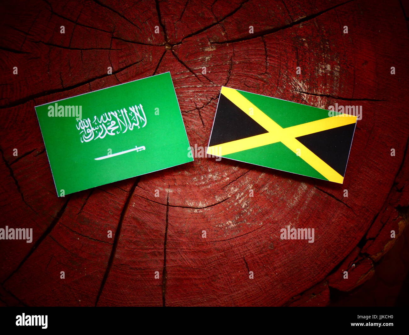 Saudi Arabian flag with Jamaican flag on a tree stump isolated Stock ...