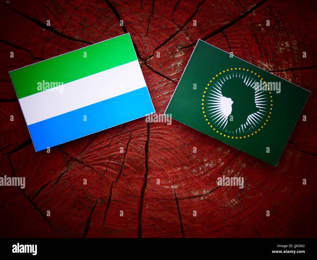 Sierra Leone flag with African Union flag on a tree stump isolated ...
