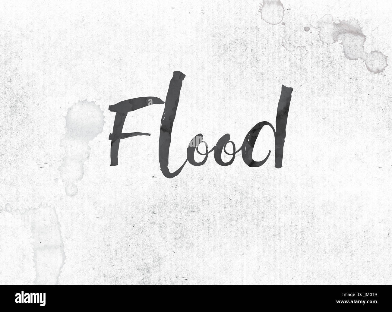 The word Flood concept and theme painted in black ink on a watercolor ...