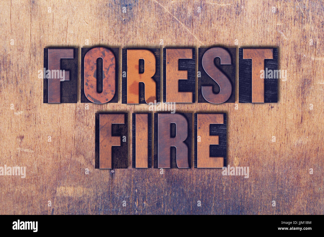 The words Forest Fire concept and theme written in vintage wooden ...