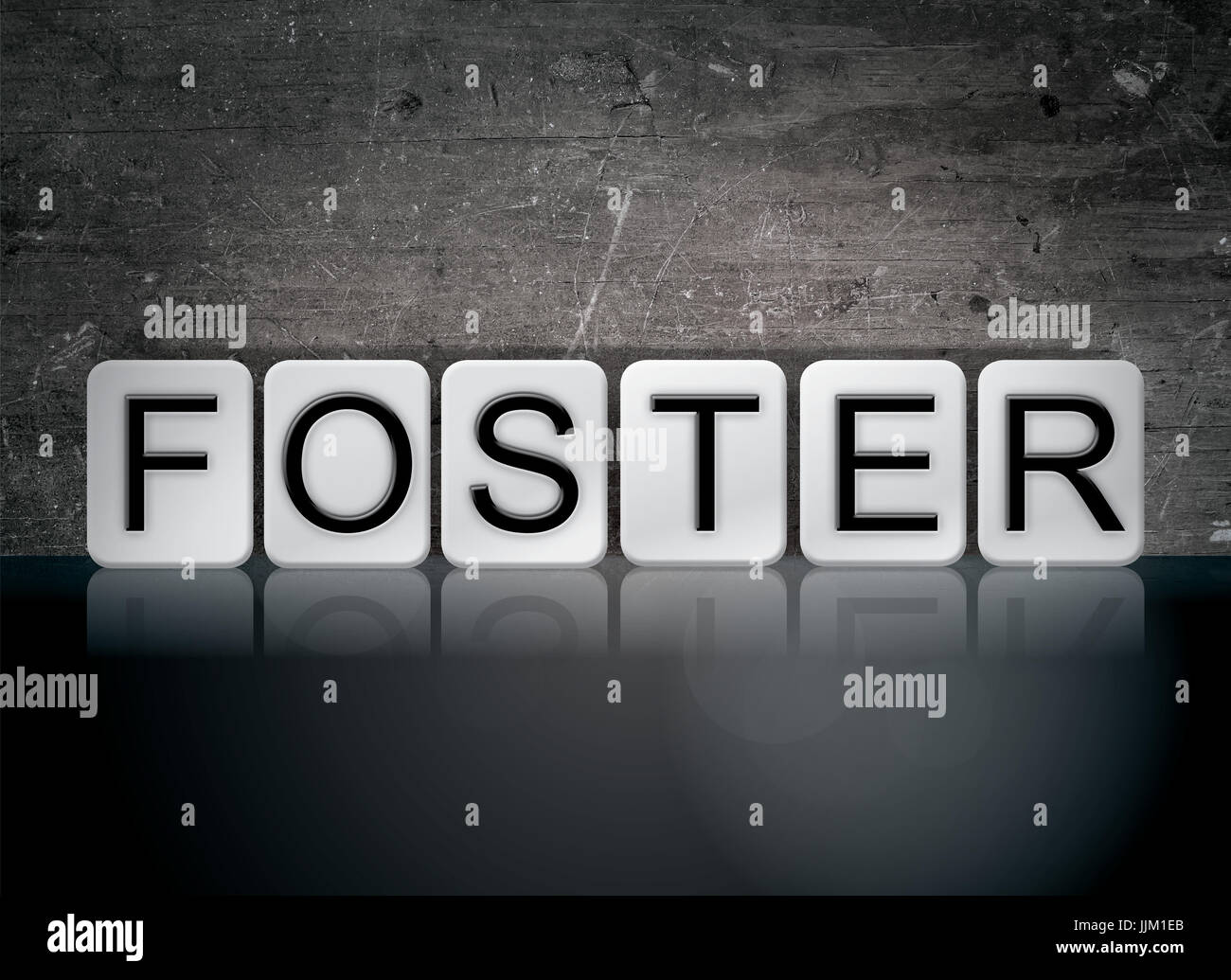 The word Foster concept and theme written in white tiles on a dark ...