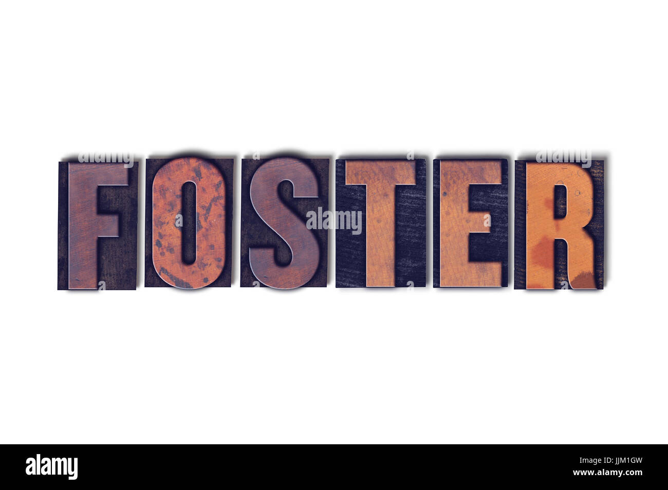 The word Foster concept and theme written in vintage wooden letterpress ...