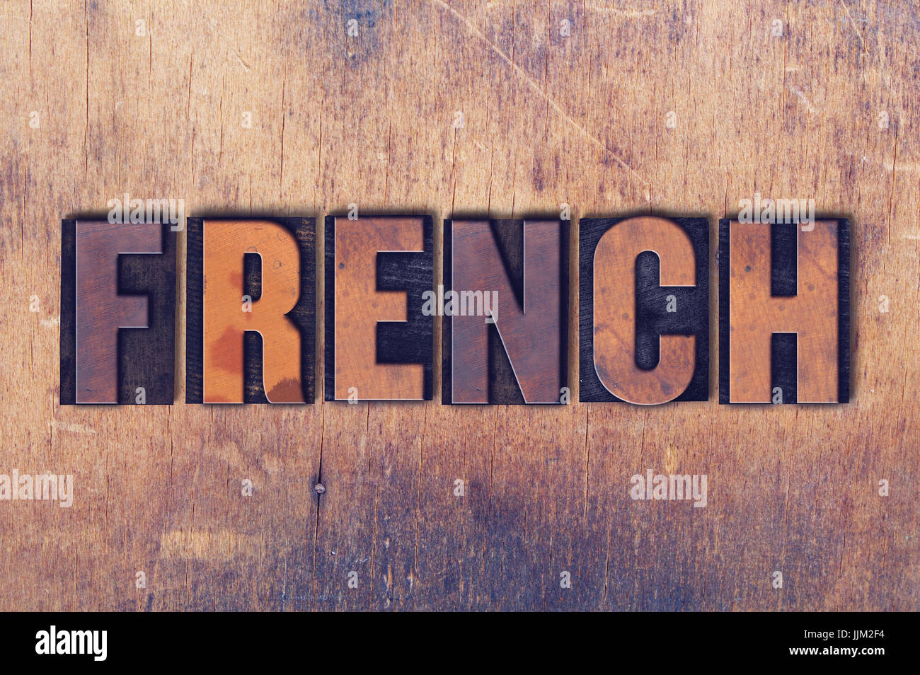 The word French concept and theme written in vintage wooden letterpress ...