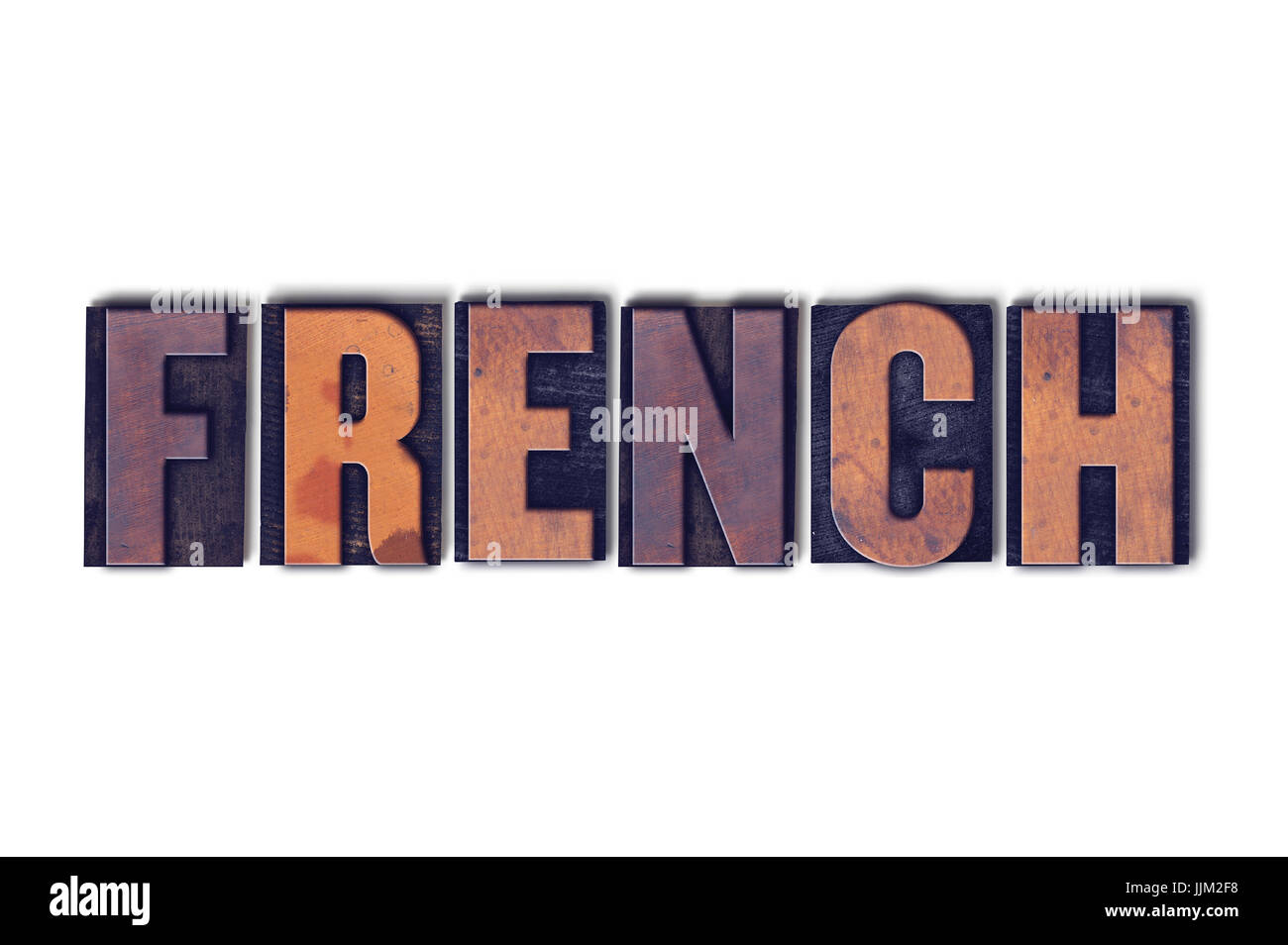The word French concept and theme written in vintage wooden letterpress ...