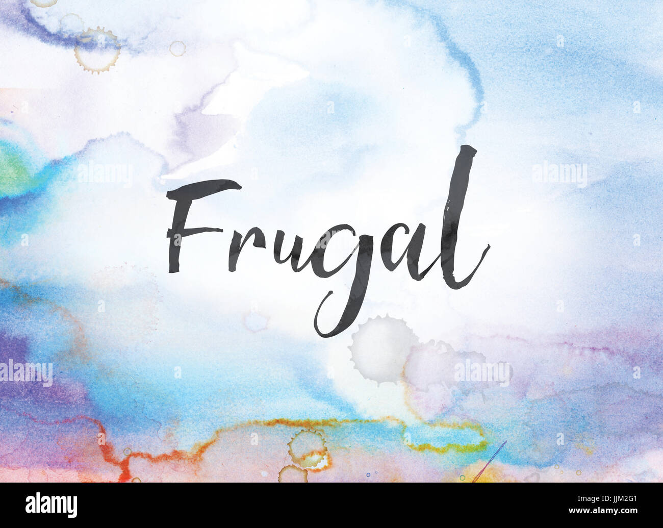 The word Frugal concept and theme written in black ink on a colorful ...