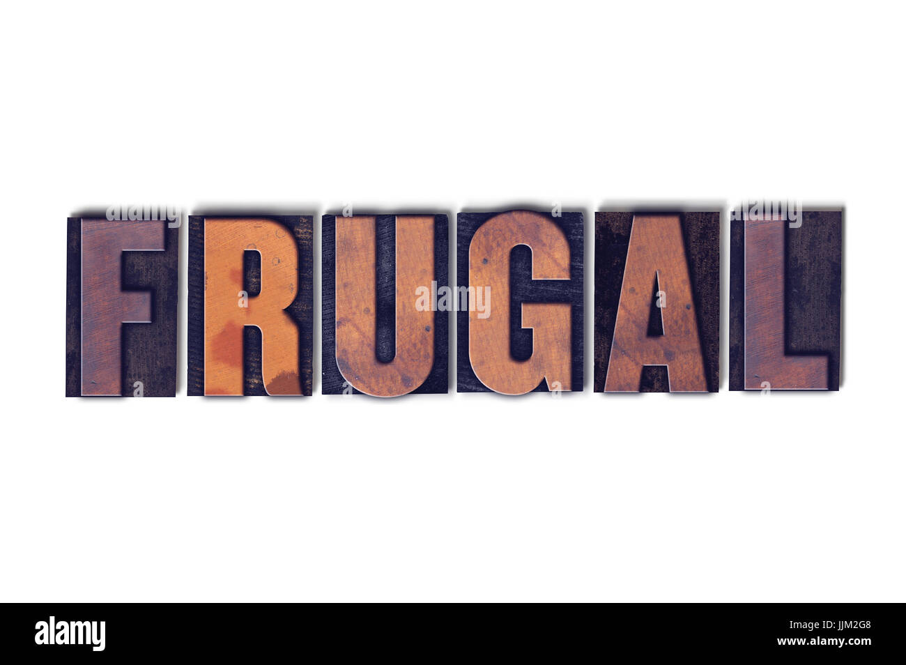 The word Frugal concept and theme written in vintage wooden letterpress ...