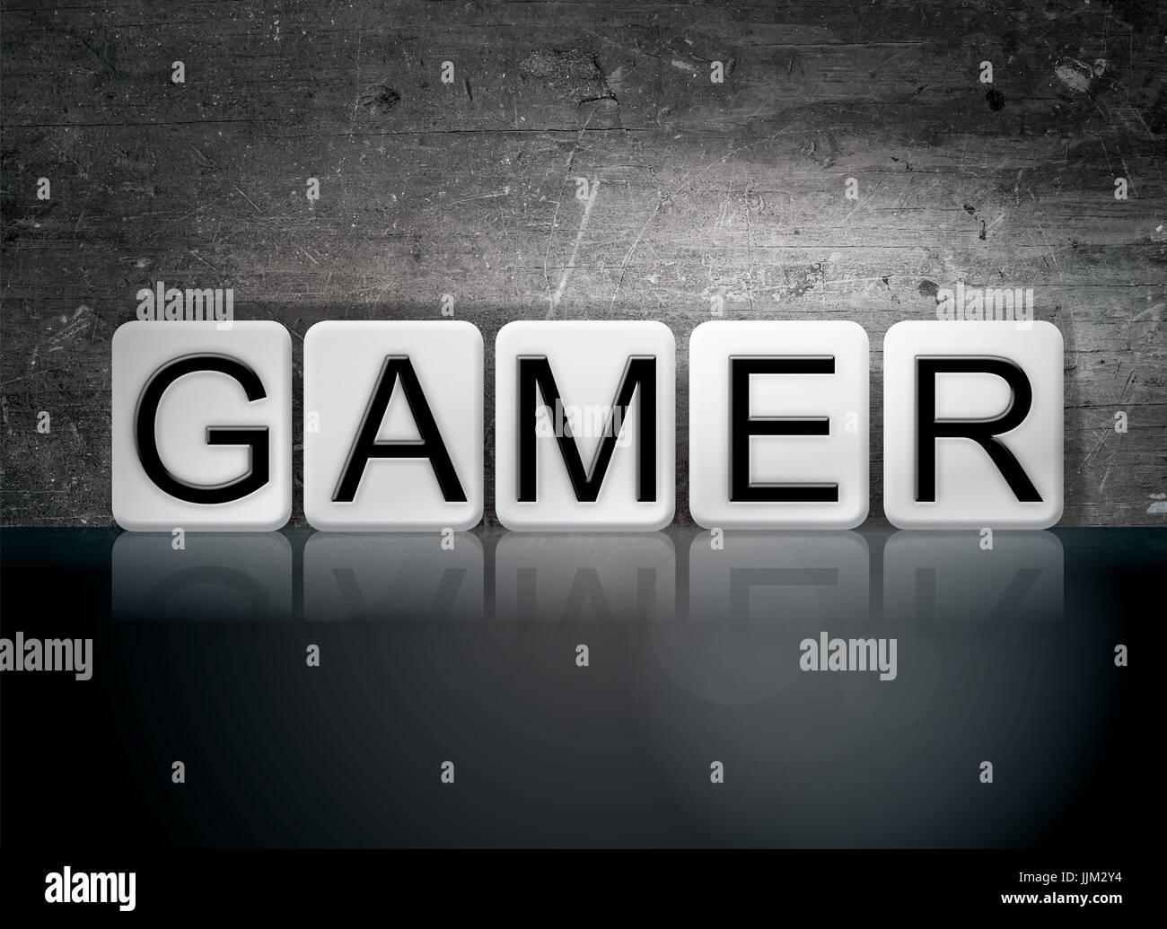 The word Gamer concept and theme written in white tiles on a dark ...