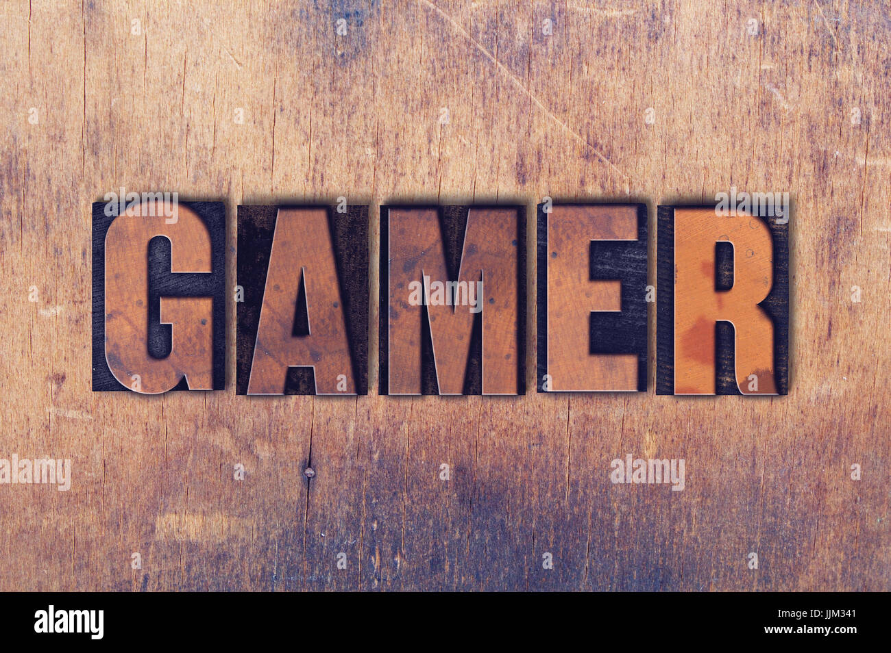 The word Gamer concept and theme written in vintage wooden letterpress ...