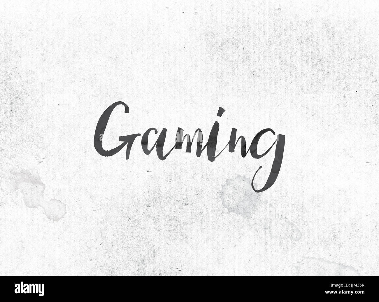 The word Gaming concept and theme painted in black ink on a watercolor ...