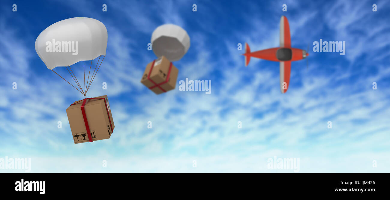 Composite image of graphic image of 3d parachute carrying parcel Stock ...