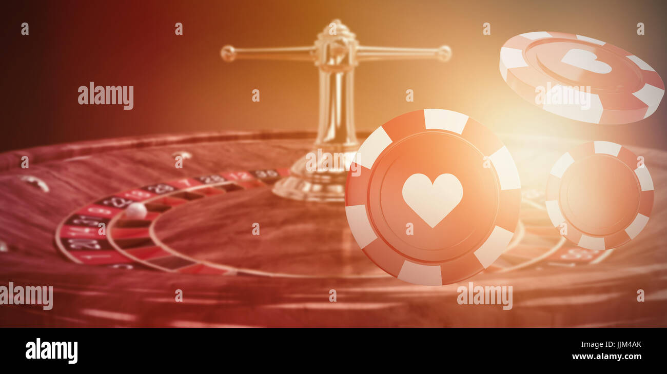 Composite image of vector 3d image of red casino token with hearts ...