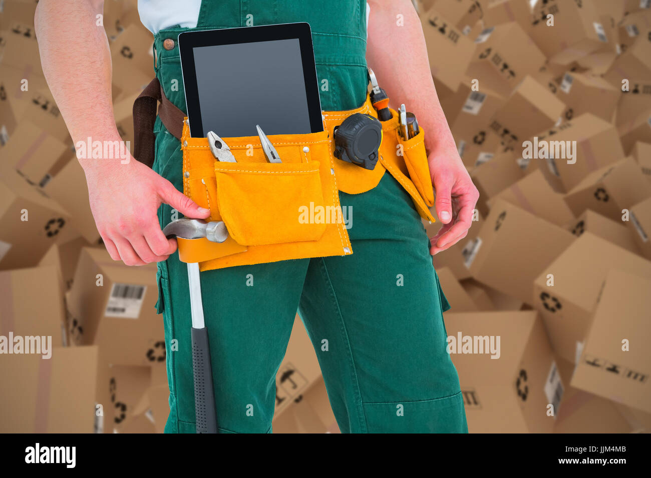 Composite 3d image of construction worker wearing tools belt Stock ...
