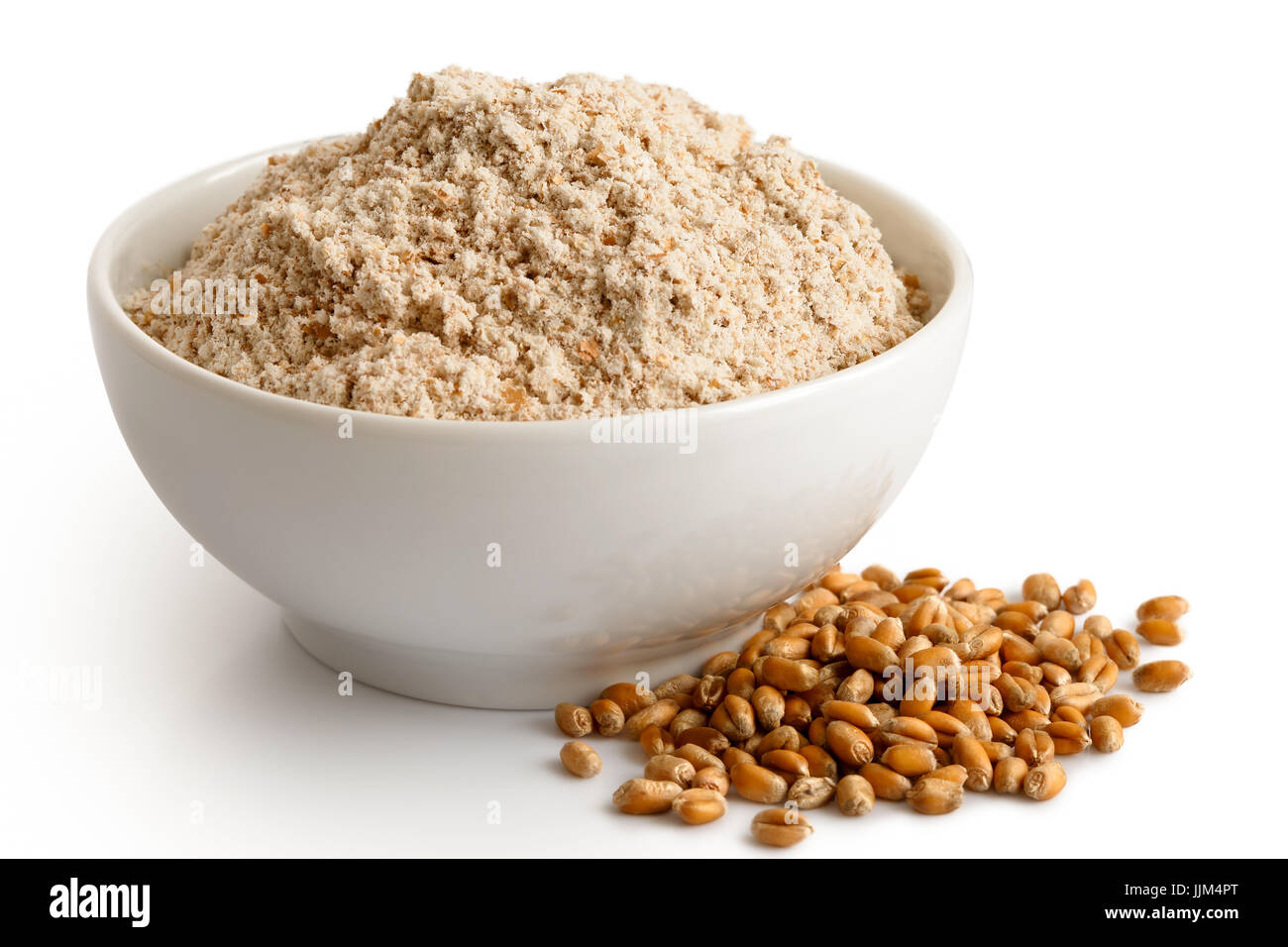 Spelt whole grain flour in white ceramic bowl isolated on white ...