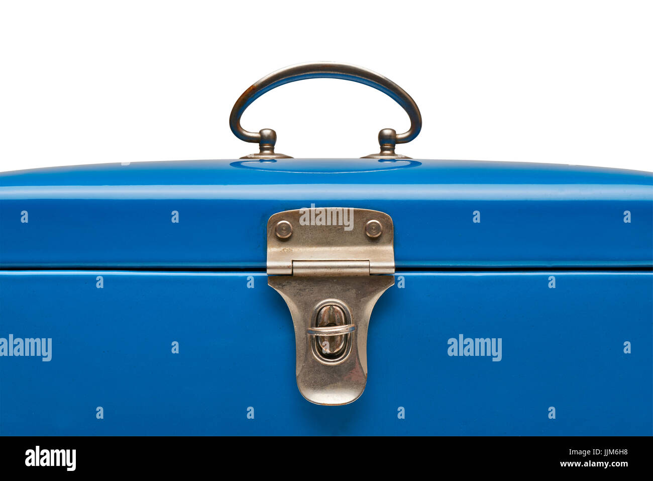 Old and heavy vintage blue metal chest in close-up isolated on white ...