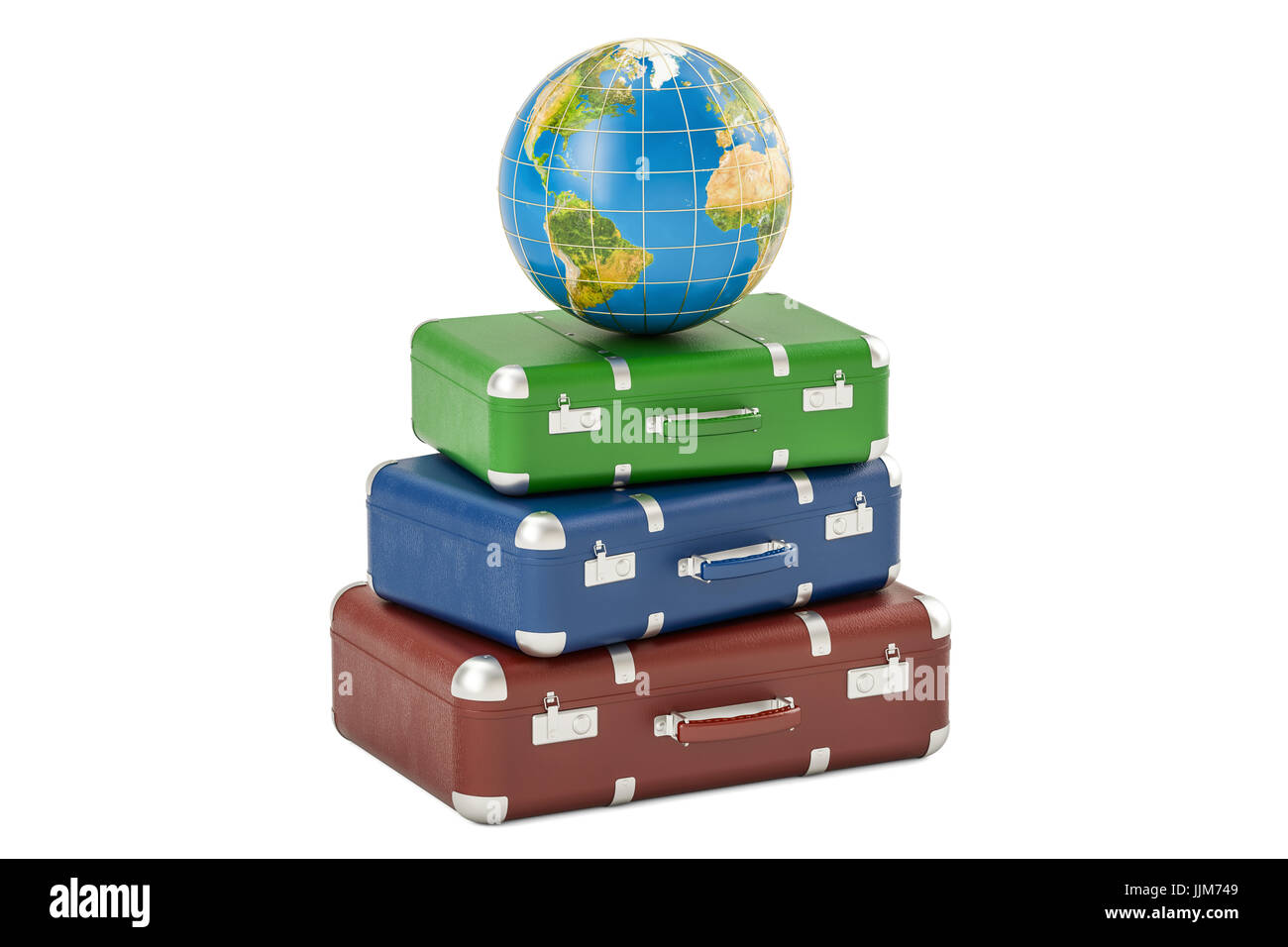 Earth Globe on heap of suitcases, travel concept. 3D rendering isolated ...