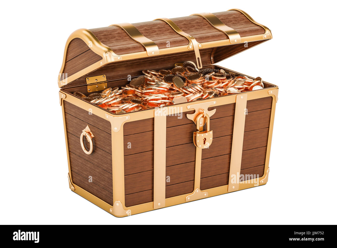 Treasure chest full of gold, 3D rendering isolated on white background ...