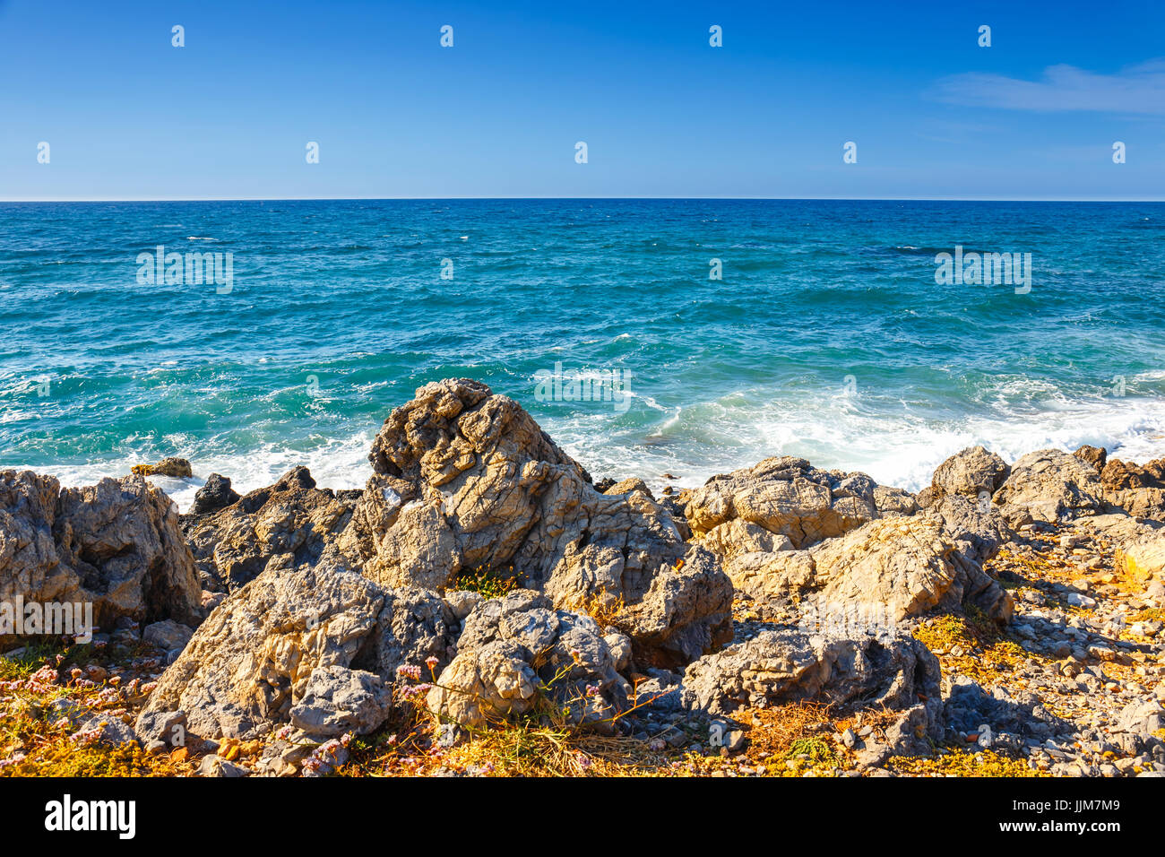 Beautiful greek seascape at sunny day, Malia, Crete Stock Photo - Alamy