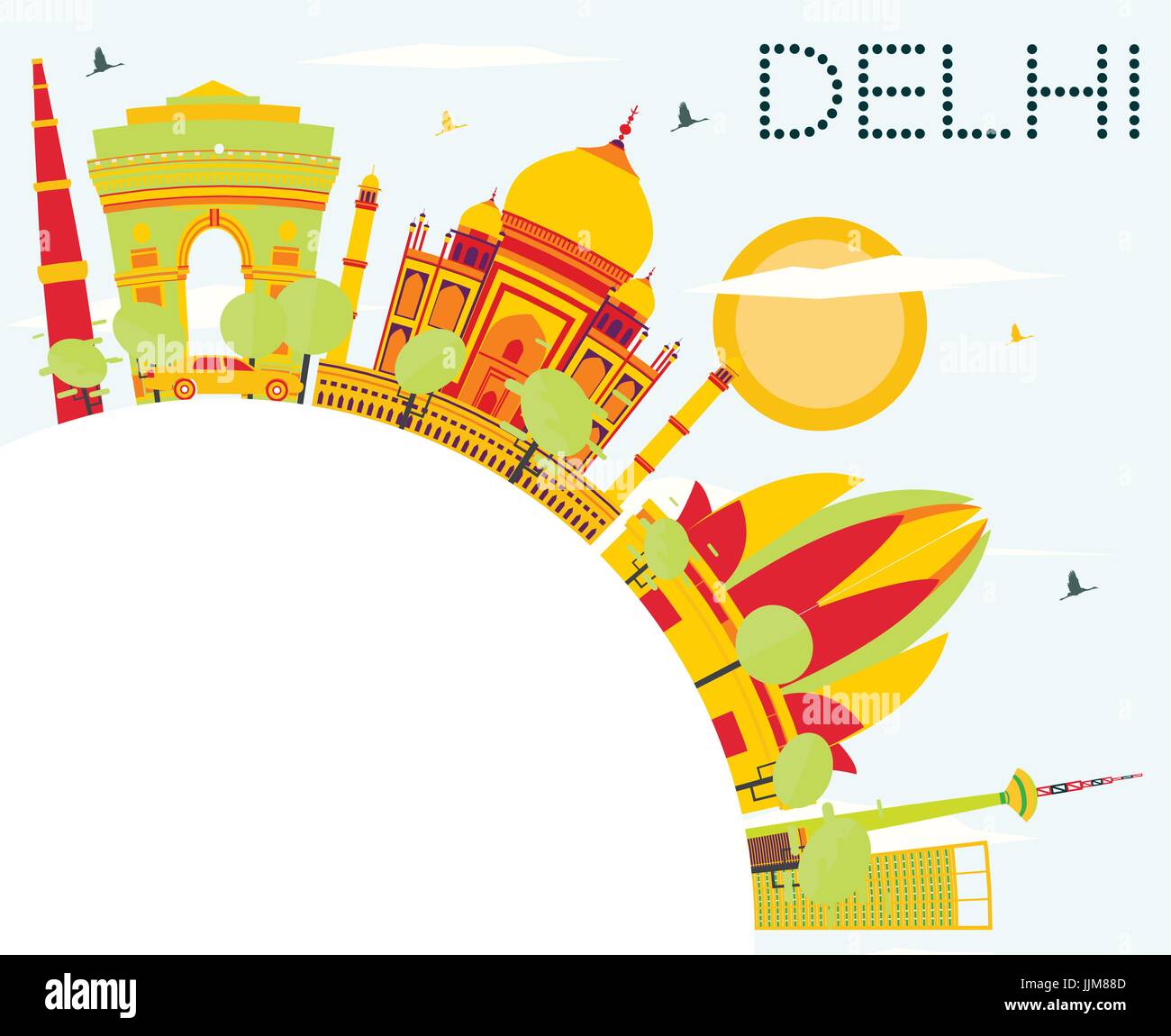 Delhi Skyline with Color Buildings, Blue Sky and Copy Space. Vector ...