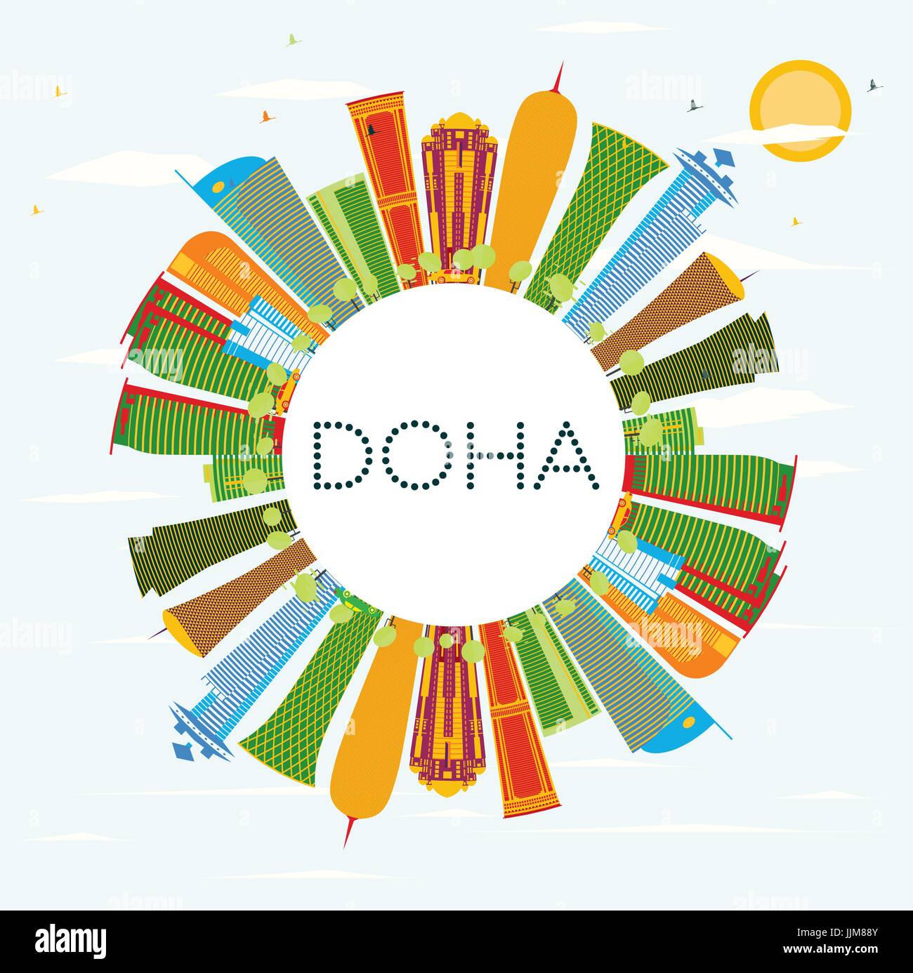 Doha Skyline with Color Buildings, Blue Sky and Copy Space. Vector ...