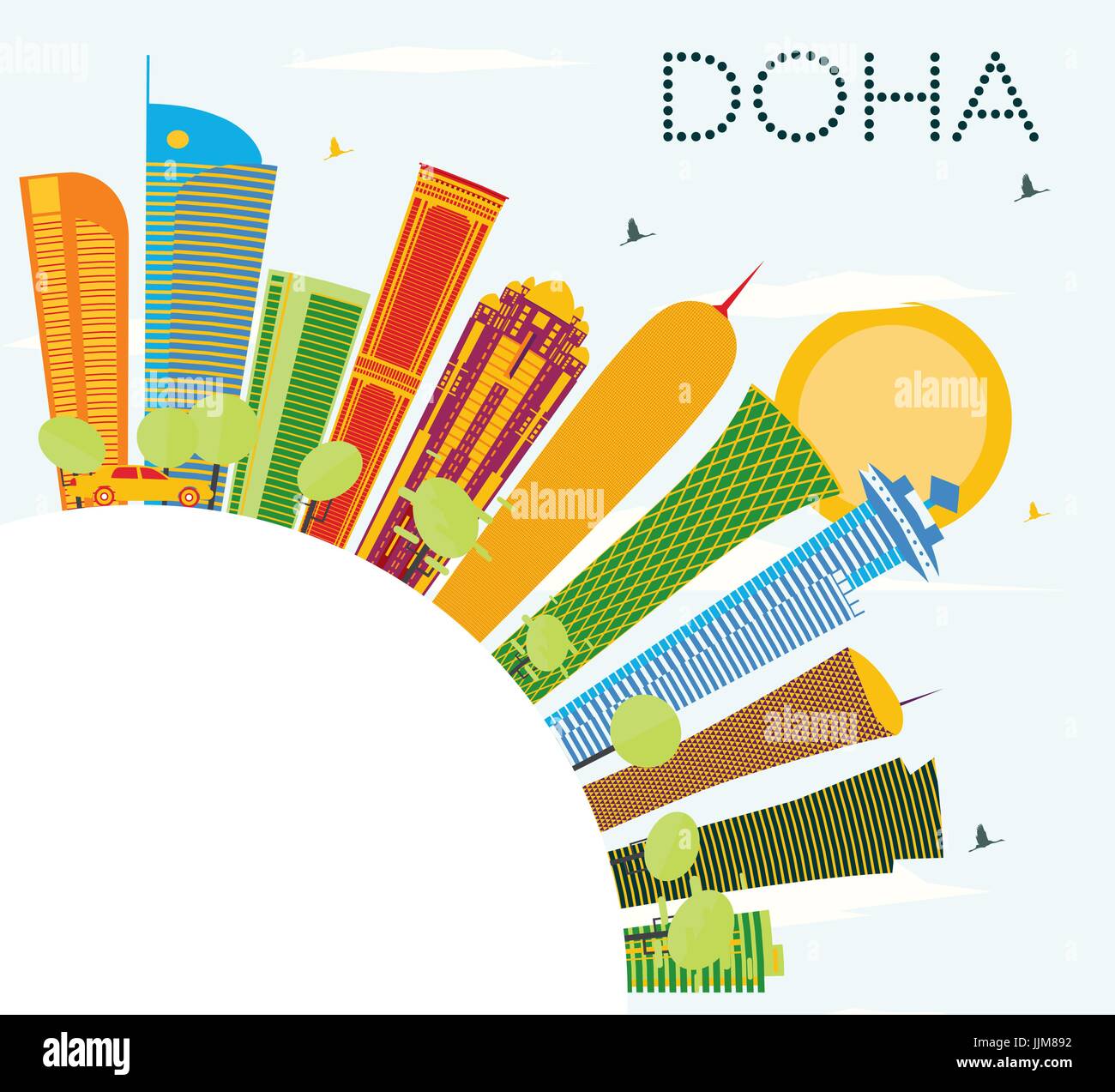 Doha Skyline with Color Buildings, Blue Sky and Copy Space. Vector ...
