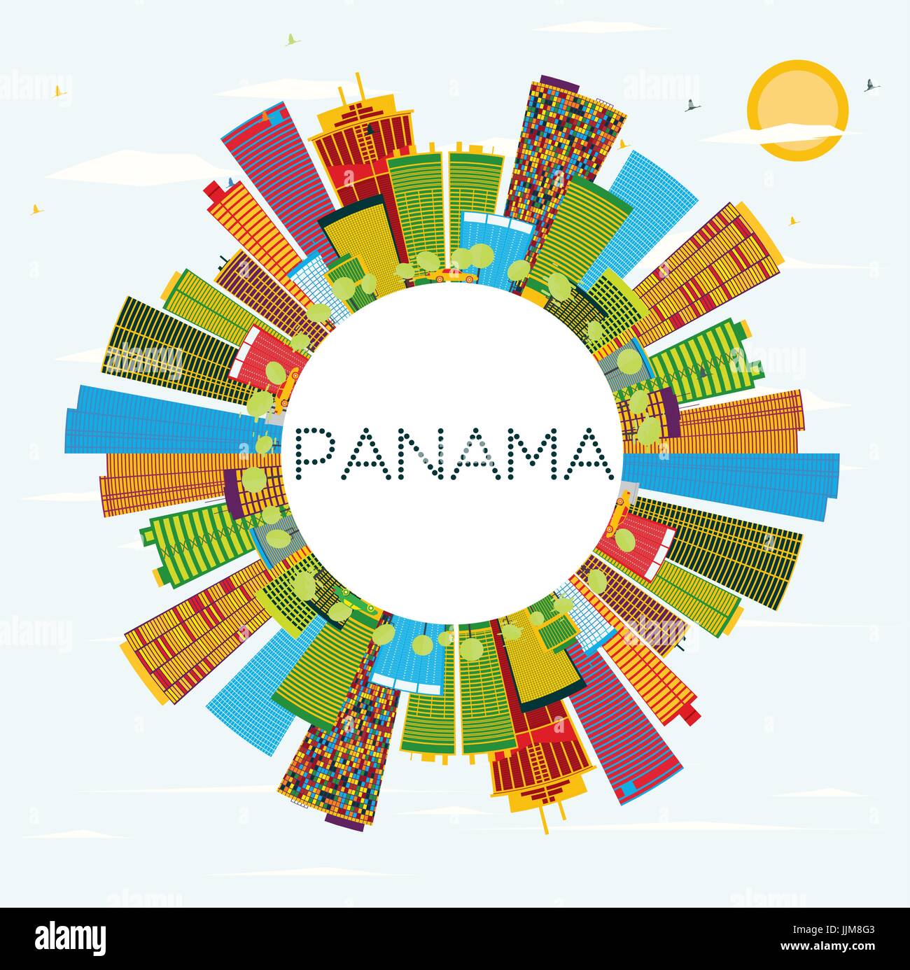Panama Skyline with Color Buildings, Blue Sky and Copy Space. Vector ...