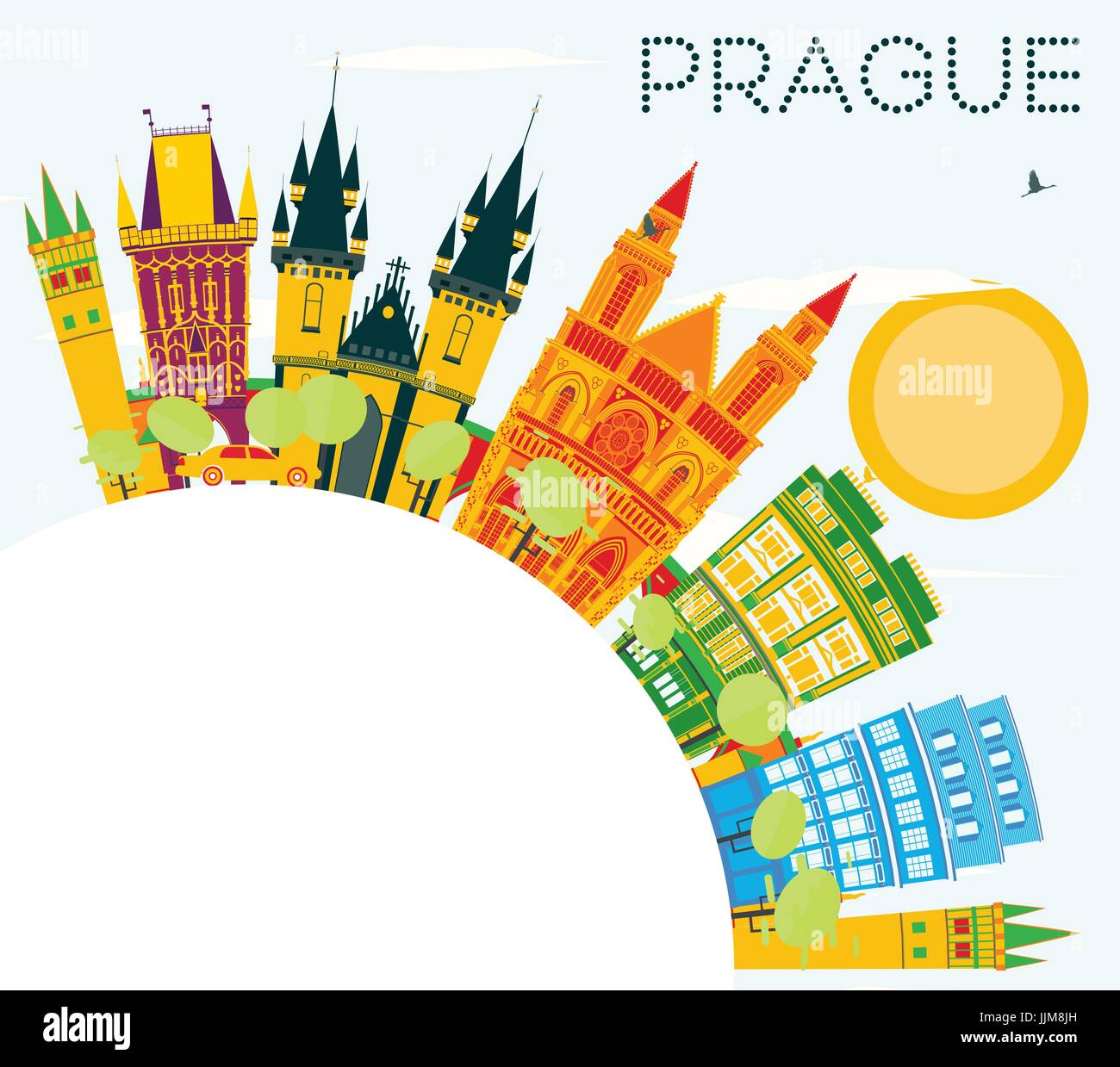 Prague Skyline with Color Buildings, Blue Sky and Copy Space. Vector ...