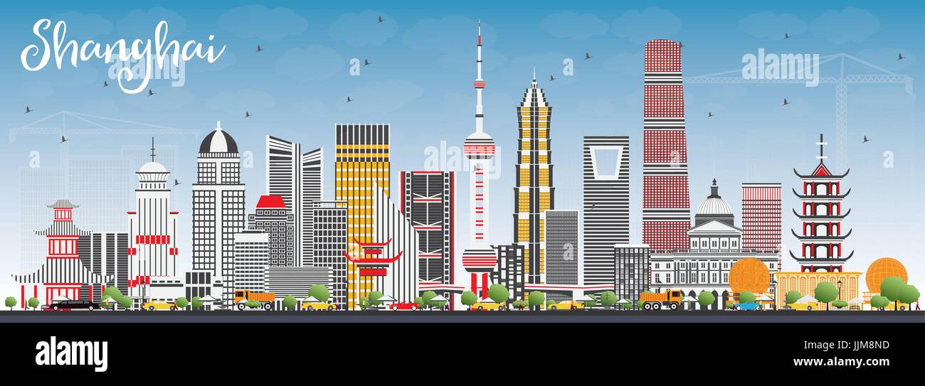Shanghai Skyline with Color Buildings and Blue Sky. Vector Illustration ...